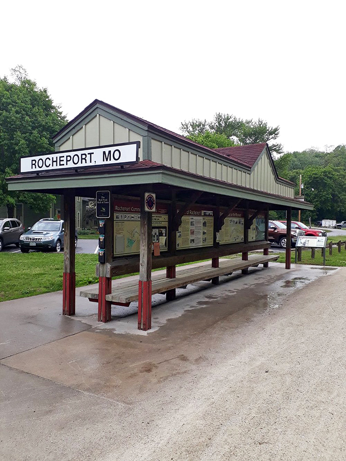 This quaint visitor information shelter proves that even Rocheport's practical structures come with a side of nostalgic charm and helpful maps.