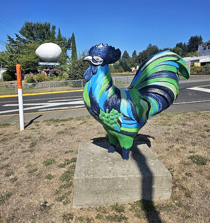 The chicken and the egg question is settled in Winlock, where this vibrant rooster statue stands guard near its impossibly large offspring.