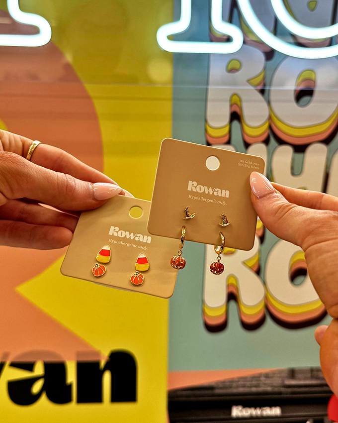 Seasonal jewelry that won't break the bank! These candy corn and pumpkin earrings from Rowan bring fall fashion to your lobes.