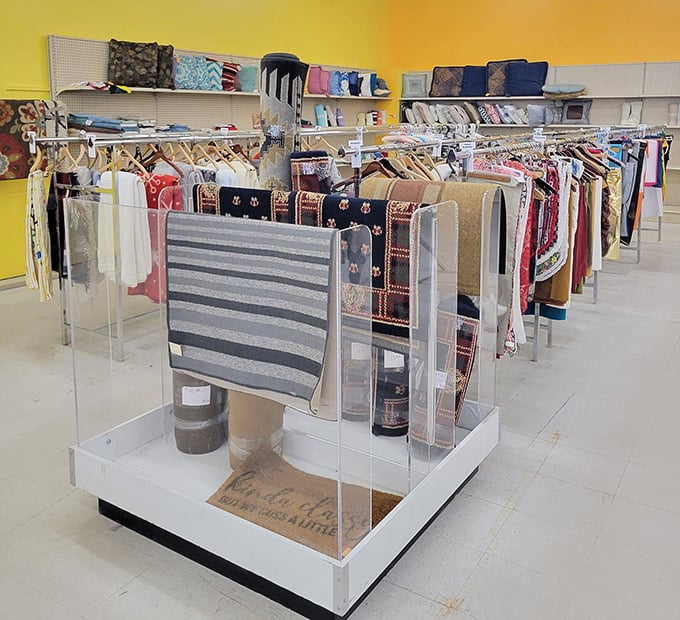 The textile section offers enough options to redecorate weekly. That doormat might have welcomed visitors to three homes before yours.