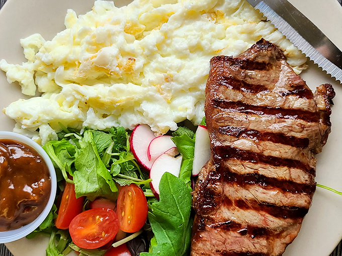 Steak and eggs—the breakfast of champions, or at least people who plan to champion a nap by noon.
