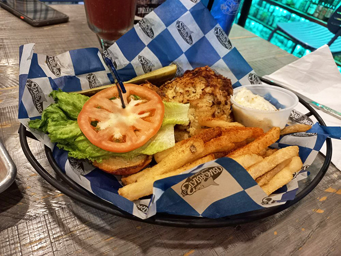 A crab cake sandwich that proves Delaware knows its way around seafood, dressed up like it's going to a beach party.