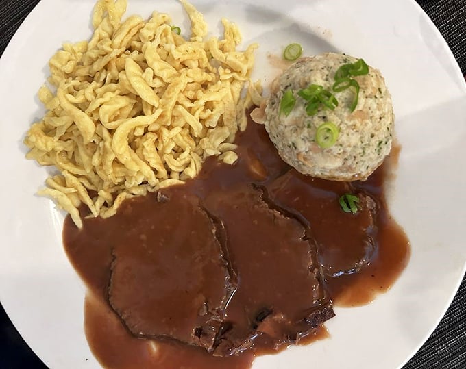Sauerbraten with sp&auml;tzle&mdash;Germany's answer to pot roast. The tender beef swimming in rich gravy makes you wonder why we don't eat like this every day.
