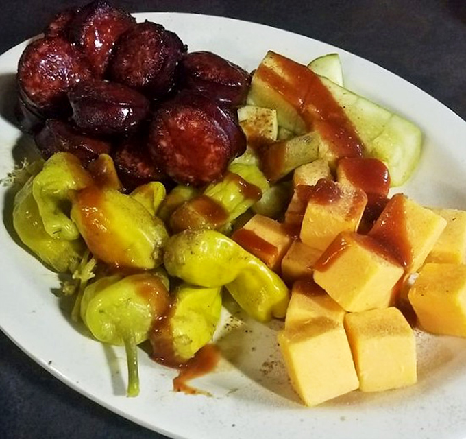 This sausage and cheese plate with peppers and pickles is what appetizer dreams are made of&mdash;a perfect opening act before the barbecue headliner.