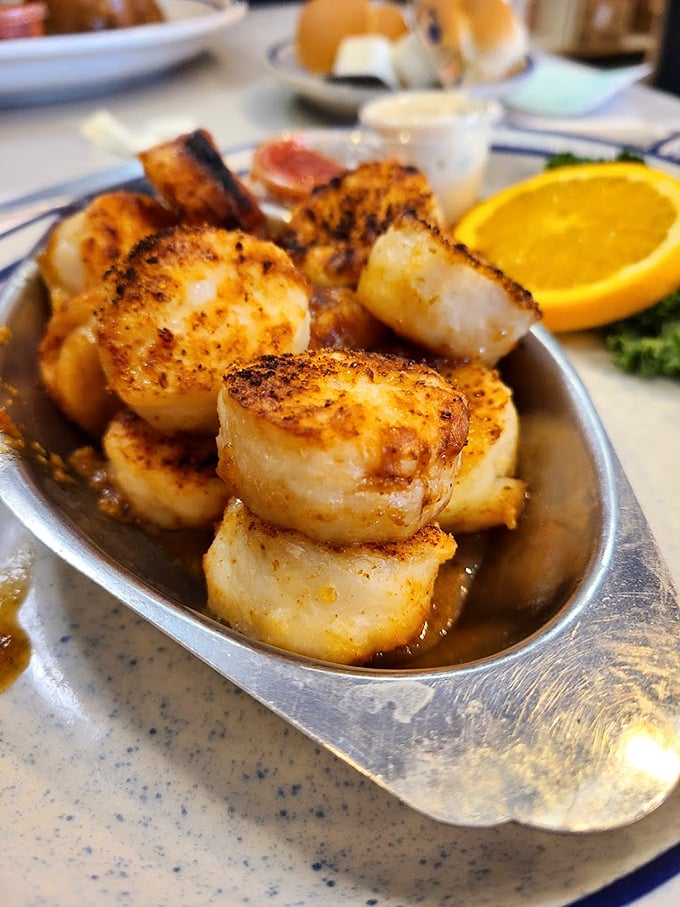 Scallops seared to golden perfection, like little ocean marshmallows with a caramelized crust. The simple presentation lets these sea treasures shine on their own merits.