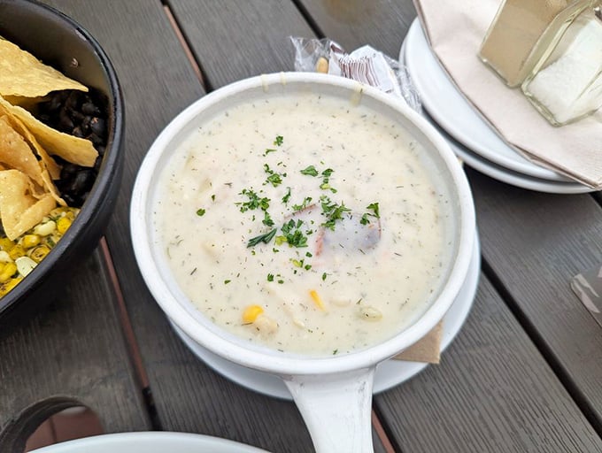 A steaming bowl of seafood chowder that could make a New Englander weep with both joy and jealousy.