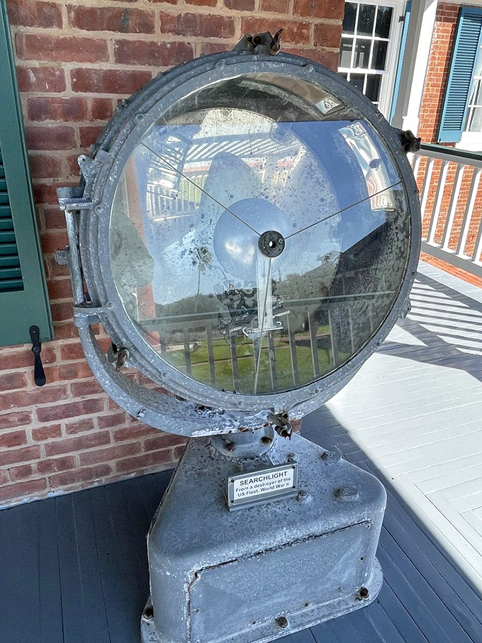 This vintage searchlight once cut through fog like a knife through butter. Now it stands as a testament to ingenuity before the digital age.