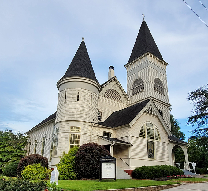 Senoia United Methodist Church's striking white facade and twin spires have witnessed generations of Sunday best outfits and whispered prayers since the 19th century.