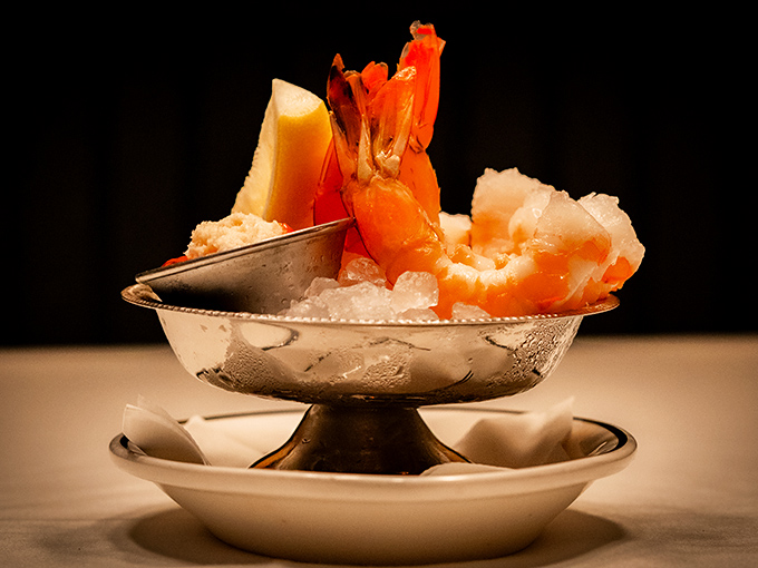 A throwback delight! Plump, icy shrimp with that classic cocktail sauce&mdash;a refreshing taste of old-school elegance.