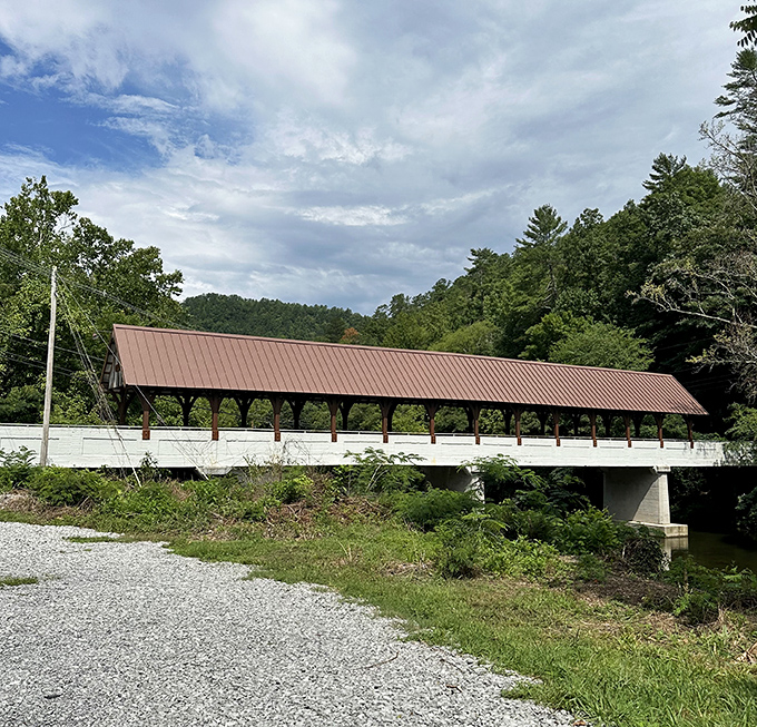 The bridge stretches across the landscape like a rustic runway, its copper-toned roof catching the afternoon light while the mountains stand guard in the background.
