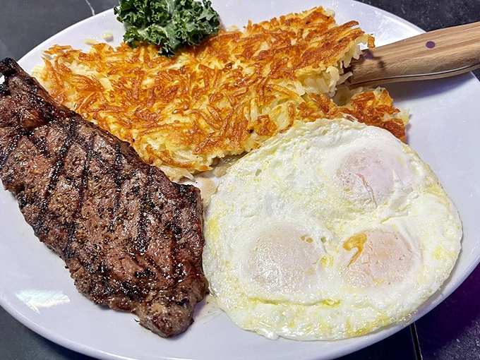 The classic Vegas power breakfast: steak and eggs with hash browns so perfectly crispy they deserve their own billboard on the Strip.