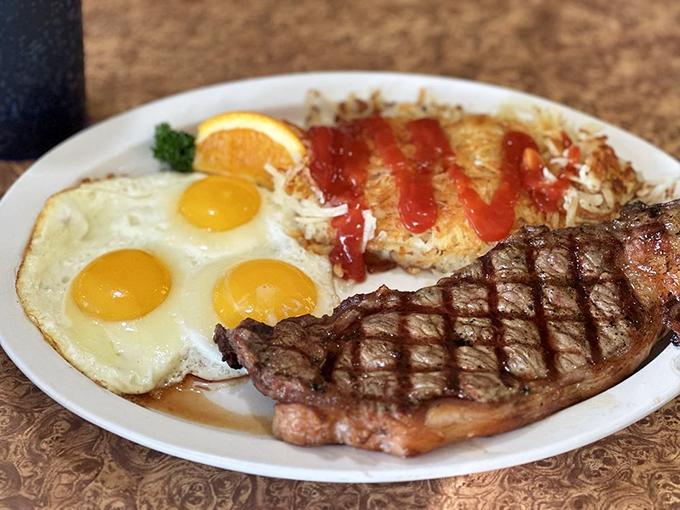 The steak and eggs combo &ndash; where breakfast meets dinner and they become best friends. Those perfectly cooked sunny-side-up eggs are smiling at you.