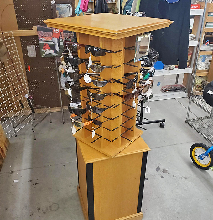 A rotating display of vintage sunglasses proves that fashion truly is cyclical. Your parents weren't lying when they said "keep those, they'll come back."