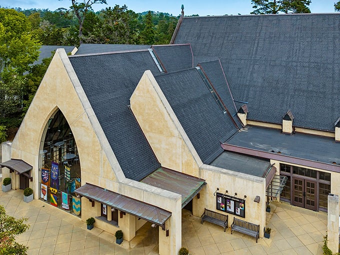 Dramatic angles and wooden benches await at Sunset Center&mdash;proof that even intermission can be an architectural experience in Carmel.