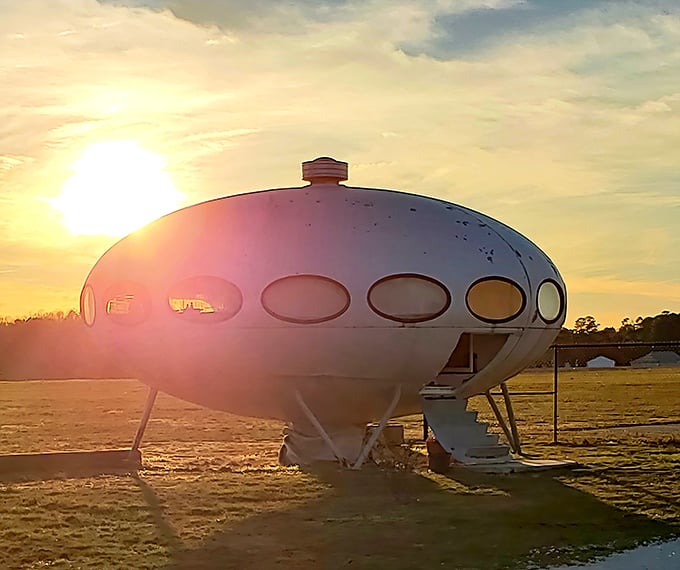 As the sun sets behind the Futuro, its silhouette could easily be mistaken for a scene from a 1950s sci-fi film.