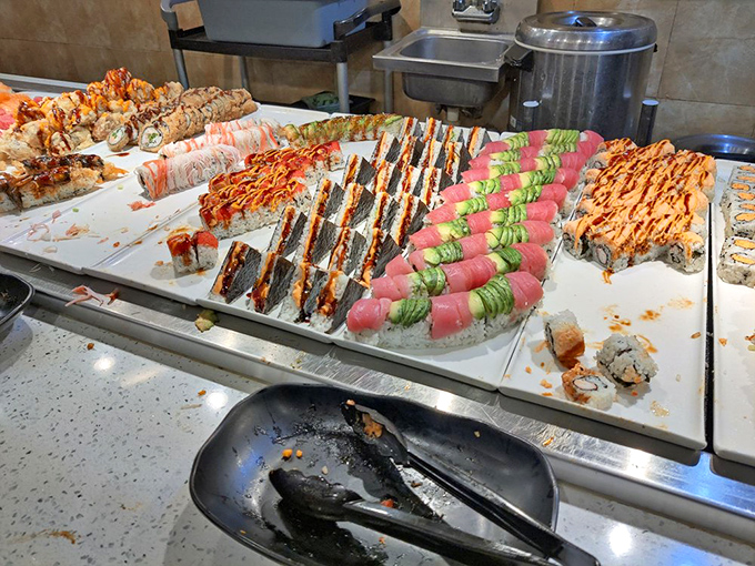 The sushi display could make a fish proud of its afterlife&mdash;vibrant rolls lined up like edible jewelry, waiting for their moment of glory.