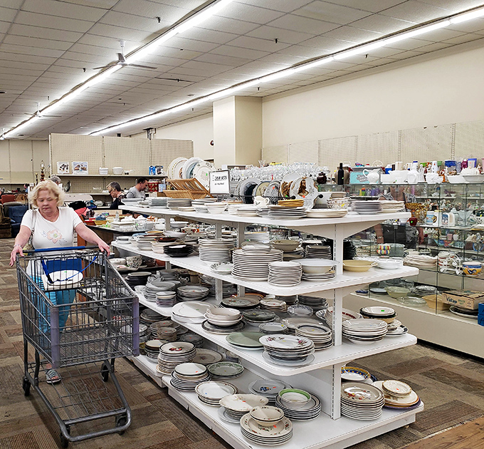 Dish paradise! One shopper contemplates completing her grandmother's china pattern while surrounded by enough plates to host a royal banquet at bargain basement prices. 