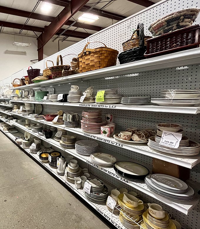 The dishware section: where incomplete sets find new purpose and vintage plates await their second act in Vermont kitchens.