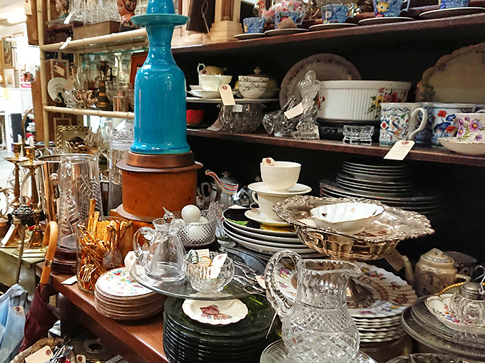 Grandma's china cabinet exploded in the best possible way. Crystal decanters and porcelain teacups await their second chance at dinner party stardom.