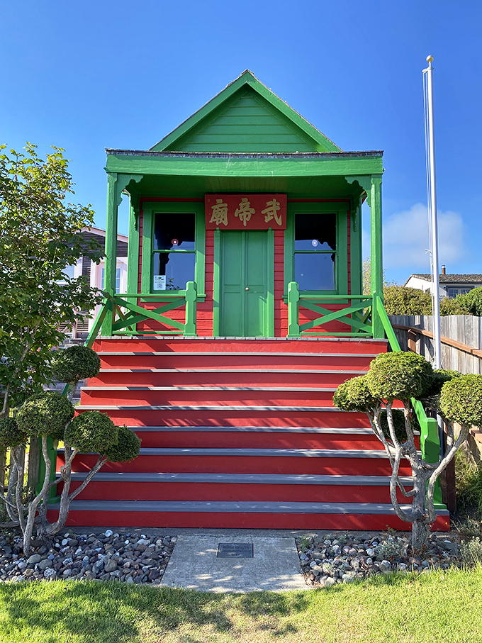 The Temple of Kwan Tai bursts with vibrant reds and greens, a cultural gem that proves Mendocino's history is as colorful as its buildings.