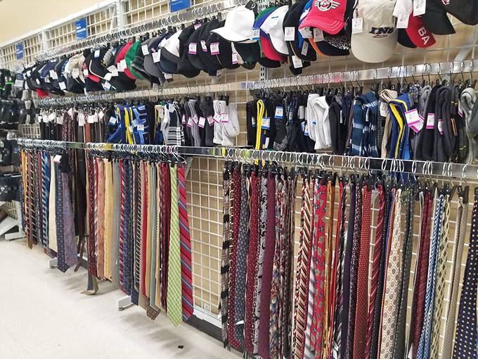 The necktie rainbow! Where corporate America's cast-offs become tomorrow's fashion statements. That polka dot number is calling your name.
