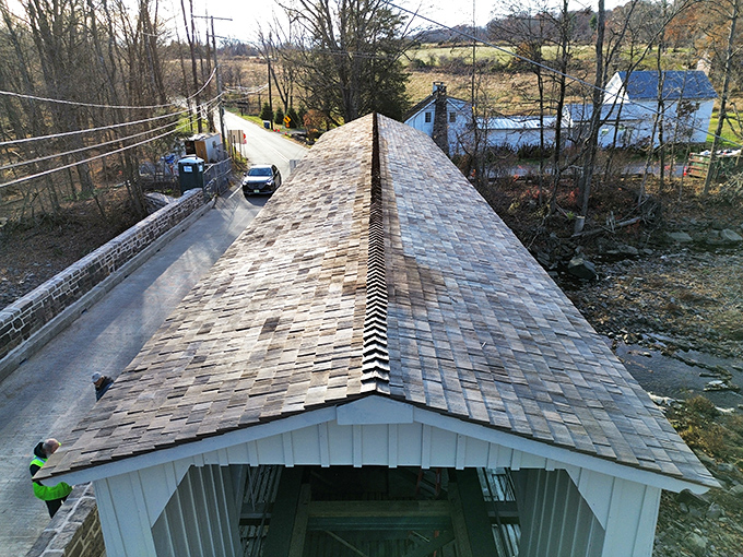 From above, the cedar shingles create a protective umbrella that's sheltered generations of passing vehicles.