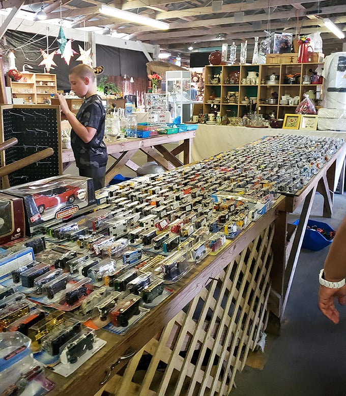 Toy car collectors, beware! This table has been known to turn grown adults into excited eight-year-olds faster than you can say "mint condition."