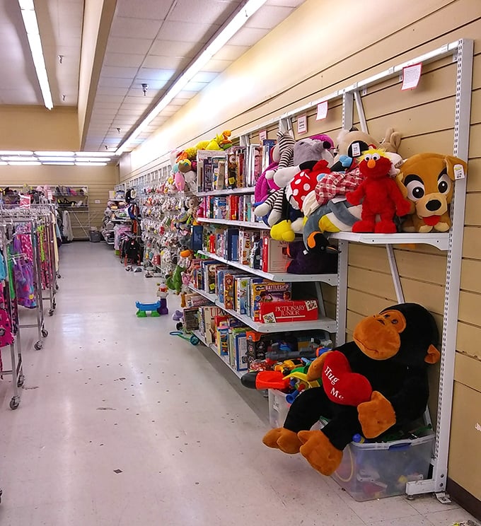 Stuffed animals stand at attention, waiting for their next cuddle. The toy section is childhood nostalgia in three dimensions. 