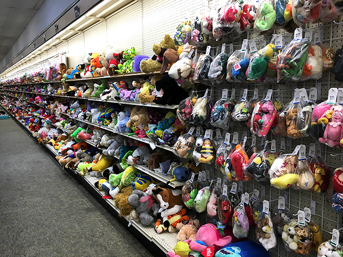 A wall of stuffed animals stands at attention, each hoping to be chosen for a second life of cuddles and adventures.