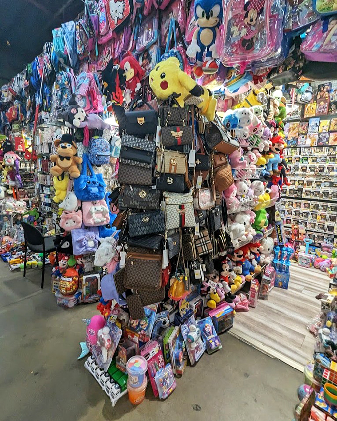 A retail Tower of Babel where designer-inspired handbags meet colorful plush toys in a glorious monument to "something for everyone."