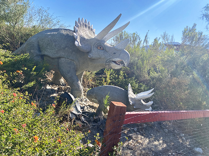 Triceratops and baby share a quiet moment among desert flora, like a prehistoric family portrait waiting for someone to say "cheese."