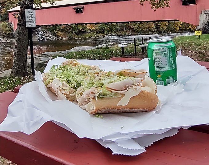 Nature provides the backdrop for this turkey hoagie masterpiece, where fresh veggies and thinly sliced meat create the perfect riverside picnic companion.