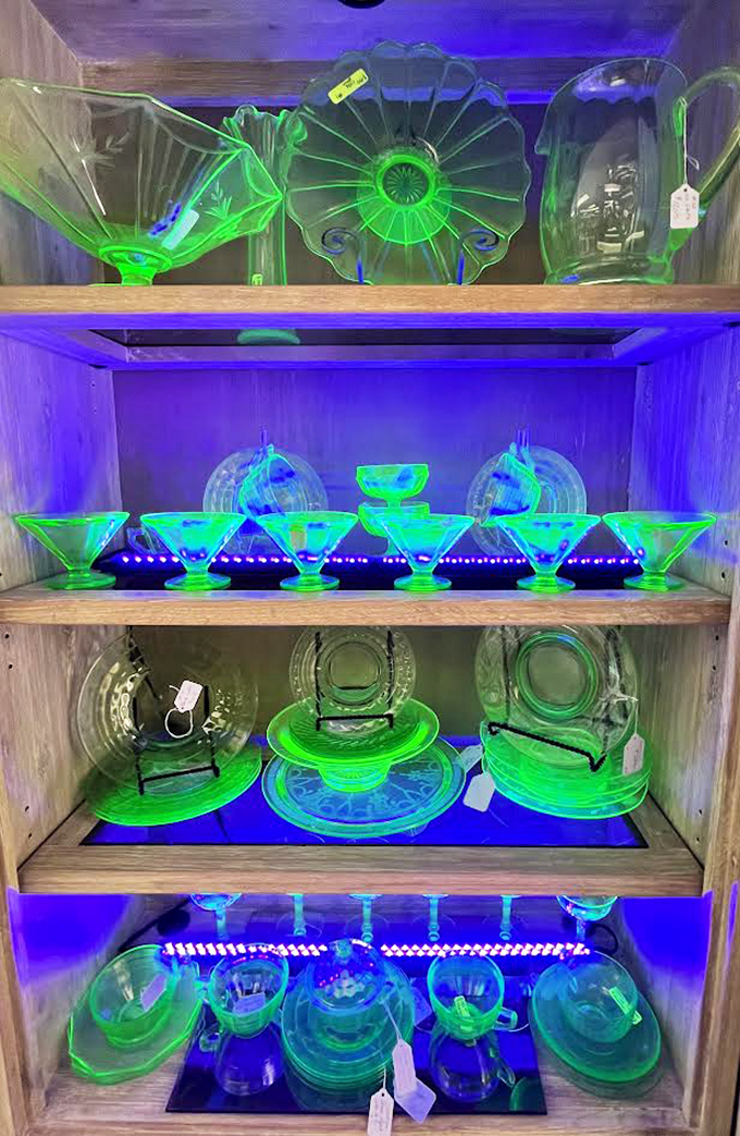 Under ultraviolet light, uranium glass reveals its otherworldly glow – cocktail hour meets science experiment in the most beautiful way.