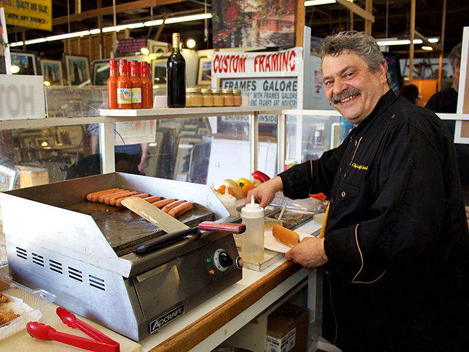 The food vendors at Rice's know that shopping builds an appetite. This friendly cook ensures no one hunts for treasures on an empty stomach.