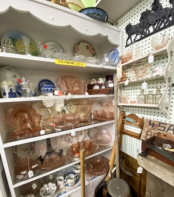 Depression glass heaven! These blush-pink treasures have survived since your grandparents' first apartment, just waiting for your china cabinet.