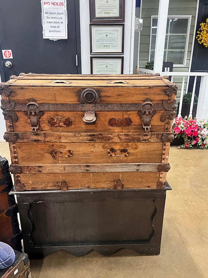 This isn't just an antique trunk&mdash;it's a time capsule with hardware, possibly containing treasure or just someone's forgotten sweater collection.