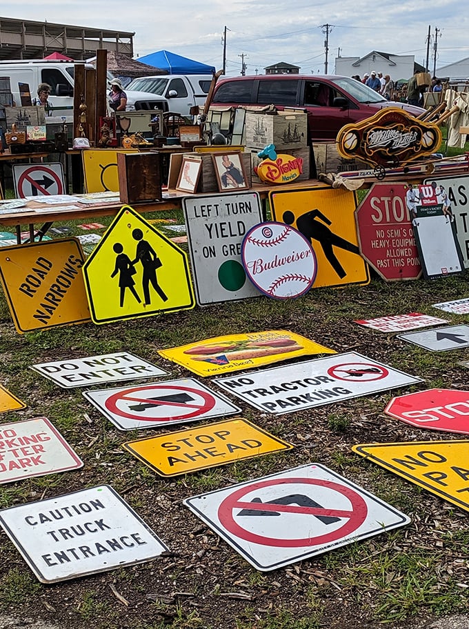 Road signs pointing to nowhere and everywhere. In another life, they directed traffic; now they direct conversations in basement bars and man caves.