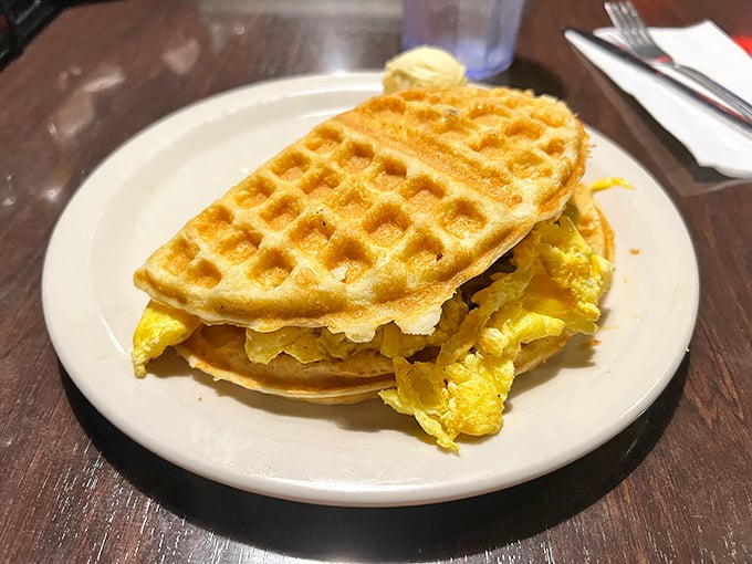 The waffle sandwich: proof that breakfast innovation doesn't require molecular gastronomy, just the courage to put eggs between two waffles.