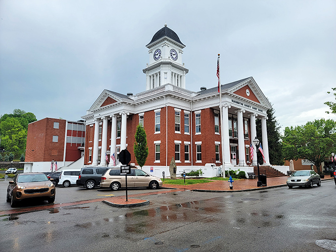 The Washington County Courthouse stands proudly with its gleaming white columns and clock tower&mdash;architectural grandeur that makes filing paperwork almost enjoyable.