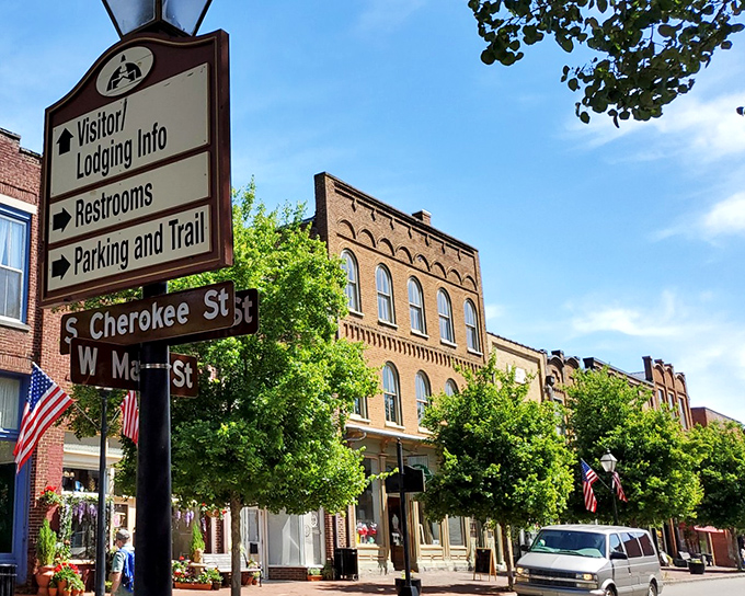 The intersection of history and small-town charm. These street signs don't just direct you—they connect you to Cherokee heritage and Jonesborough's storied past.