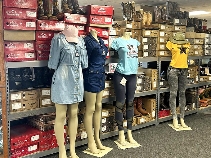 Cowboy boots lined up like they're ready to two-step right off the shelf and into your closet.