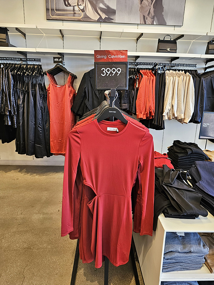 Calvin Klein's minimalist aesthetic on full display. That red dress is practically whispering, "Take me to dinner somewhere fancy."