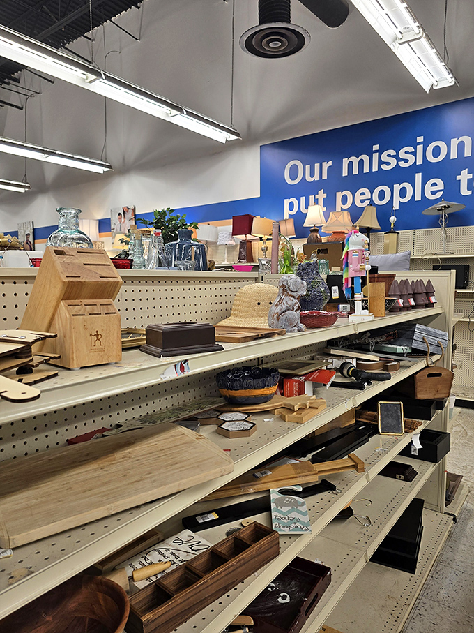 Wooden treasures and home accents line the shelves like a three-dimensional Pinterest board waiting to be discovered.