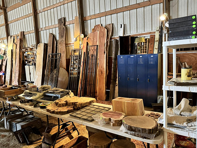 Rustic meets refined in this woodworker's paradise&mdash;live-edge slabs, handcrafted cutting boards, and natural wood rounds waiting to become statement pieces in someone's home.