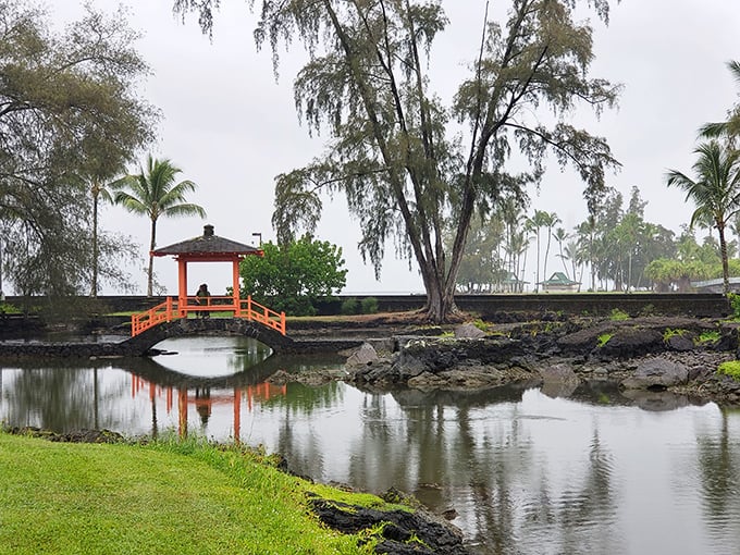 The Japanese garden bridge adds a touch of serenity. Like stepping into a living postcard where tranquility is the main attraction.