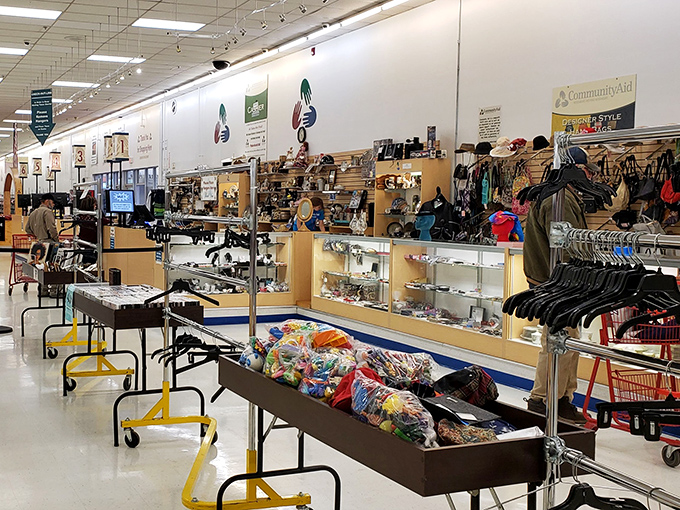 The accessories wall—where yesterday's fashion statements become tomorrow's vintage finds. One person's "so last season" is another's "perfectly retro."