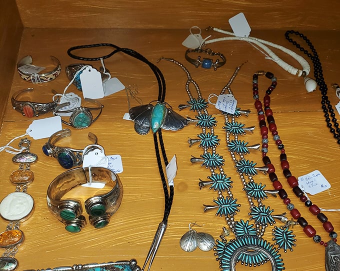 Turquoise and silver treasures that whisper tales of road trips and trading posts. That butterfly necklace practically flies off the display.