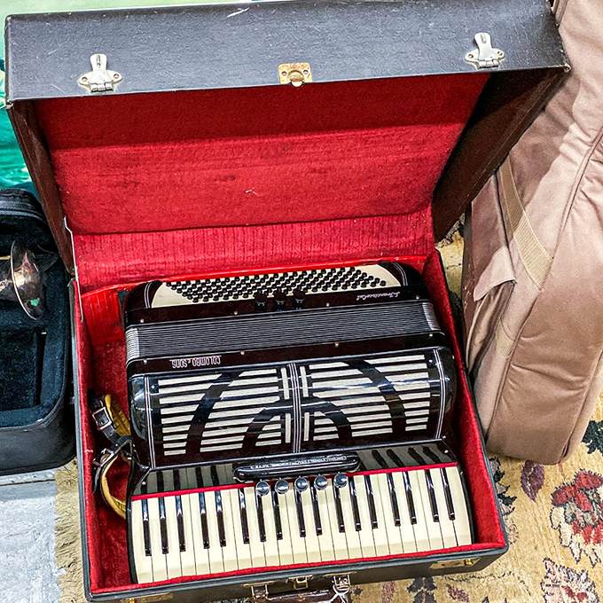 Nestled in its crimson case, this vintage accordion once filled Alaskan gatherings with music long before Bluetooth speakers existed. Just imagine the polkas it's played!