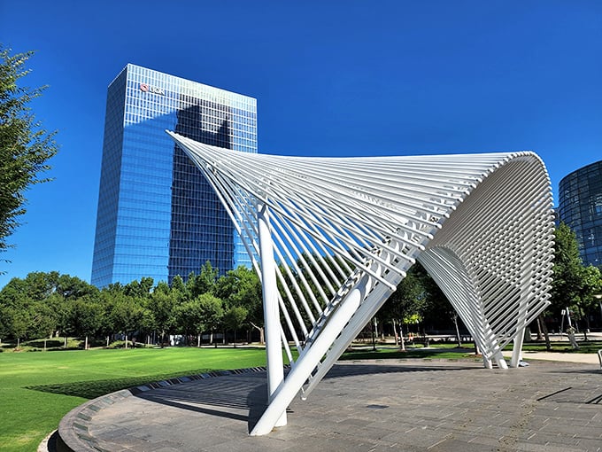 Modern art meets Oklahoma sky in this striking architectural feature. The city's skyline plays supporting actor to this geometric star.