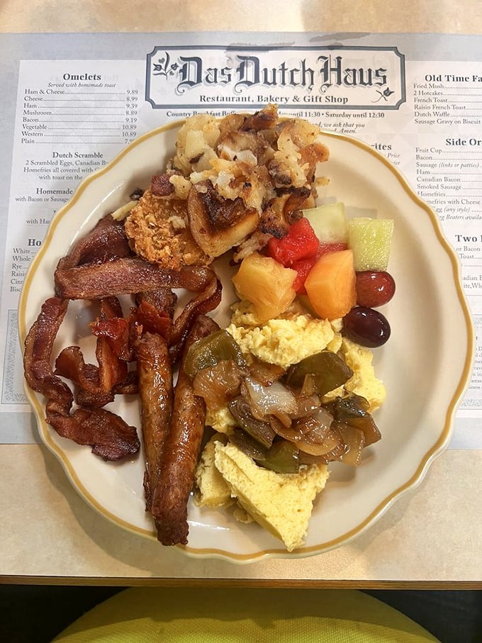 The breakfast trifecta: crispy bacon, fluffy eggs, and sausage that actually tastes like sausage should.eggs and sausage
